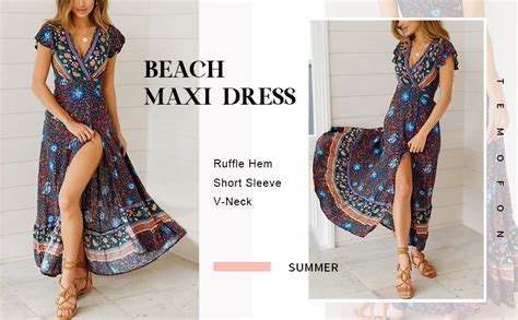 Temofon Womens Wrap Dresses Bohemian Floral Printed Summer Casual