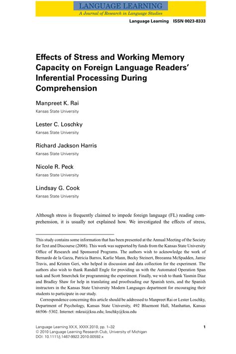 Pdf Effects Of Stress And Working Memory Capacity On Foreign Language Readers Inferential