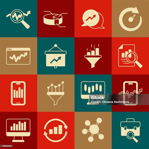 작업 검색 모바일 주식 거래 그래프 차트가 있는 문서 재무 성장 보드 그래프 인포그래픽 검색 데이터 분석 및 판매 퍼널 아이콘을 설정합니다 벡터 0명에 대한 스톡 벡터 아트