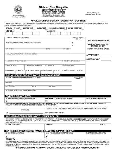 Application For Duplicate Certificate Of Title Nh Gov Nh Fill Out And