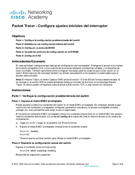 2 5 5 Packet Tracer Configure Initial Switch Settings Es Xl 2015 2020 Cisco Y O Sus Filiales