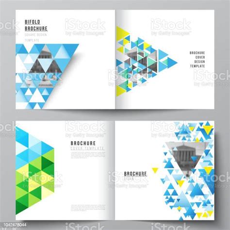 벡터 일러스트 레이 션의 두 편집 레이아웃의 사각형 디자인 Bifold 브로셔 잡지 전단지 책자에 대 한 템플릿을 다룹니다 파란색 삼각형 화려한 모자이크 패턴 다각형 배경
