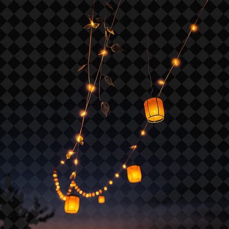 Decorative String Glowing Leaves And Floating Lanterns Soft Neon Hues Trail Along The String