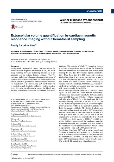 Pdf Extracellular Volume Quantification By Cardiac Magnetic Resonance Imaging Without
