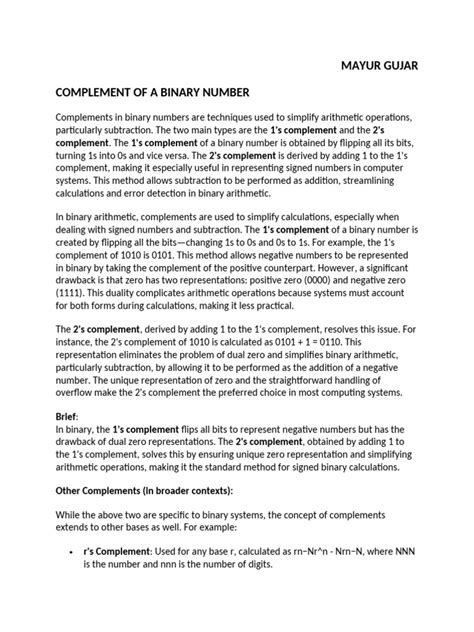 Complement Of A Binary Number Pdf Arithmetic Mathematical Notation