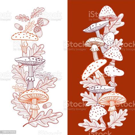 버섯 파리 Agarics와 오크 잎의가 엽서 선형 삽화입니다 손으로 그려 0명에 대한 스톡 벡터 아트 및 기타 이미지 0명 가을 계절 Istock