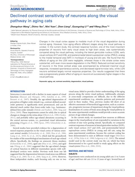 Pdf Declined Contrast Sensitivity Of Neurons Along The Visual Pathway In Aging Cats
