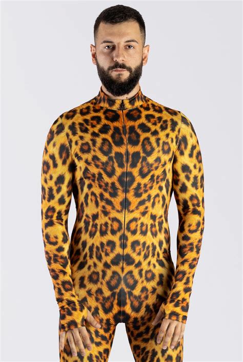 Mens Leopard One Piece Rave Costume In Animal Print Devil Walking