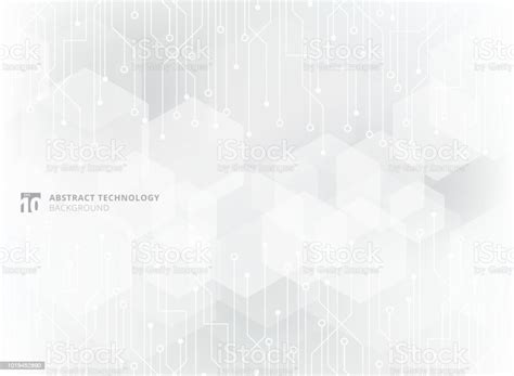 Abstract Technology Circuit Board On Gray Geometric Hexagon Overlay Pattern Background Stock