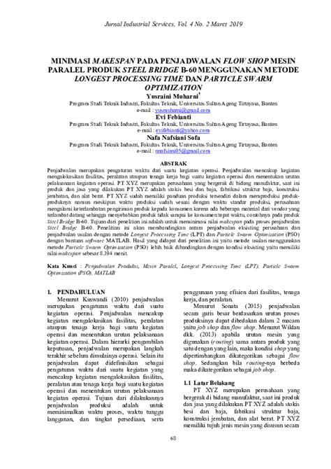 Pdf Minimasi Makespan Pada Penjadwalan Flow Shop Mesin Paralel Produk Steel Bridge B 60