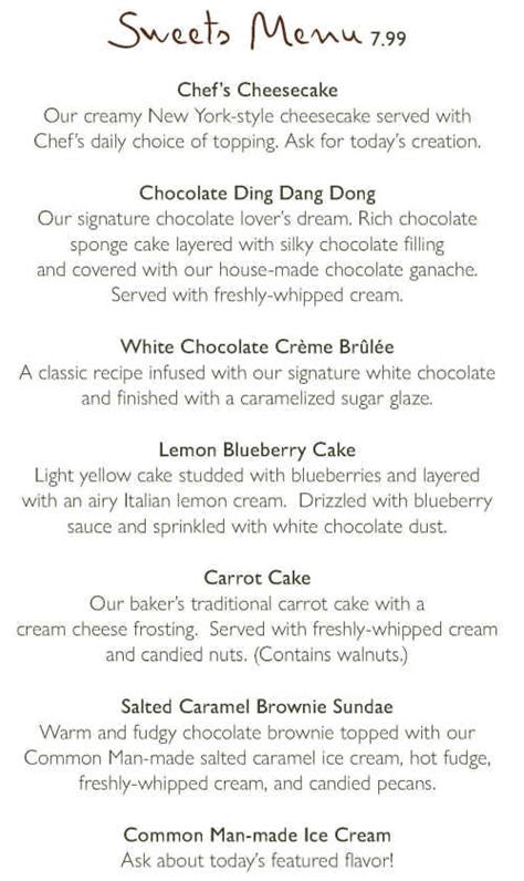 The Common Man Restaurant Menu Claremont Nh