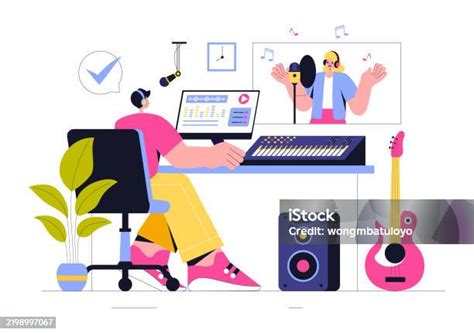 전문 스튜디오 장비로 오디오 팟캐스트 또는 온라인 쇼를 듣고 음악을 녹음하는 사람들을 특징으로 하는 음악 제작 일러스트레이션 Dj에 대한 스톡 벡터 아트 및 기타 이미지