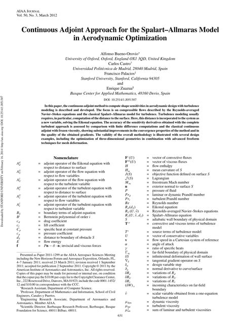 Pdf Continuous Adjoint Approach For The Spalart Allmaras Model In Aerodynamic Optimization