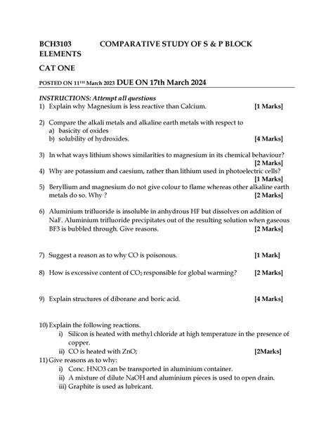 Bch3103 Comparative Study Of S And P Block Element 240312 205322