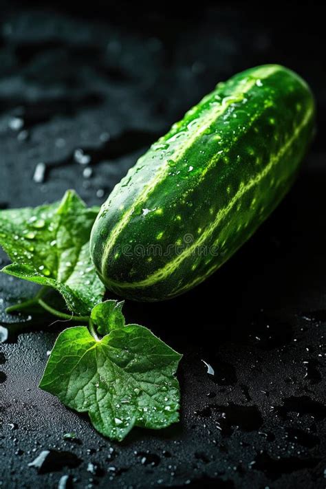 A Single Cucumber Sits On A Dark Or Black Surface Possibly Used For