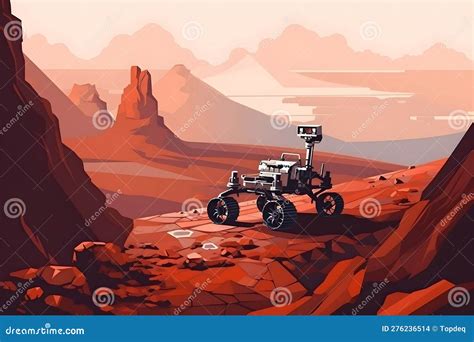 Mars Rover Exploring Red Planet Rocky Surface Stock Illustration