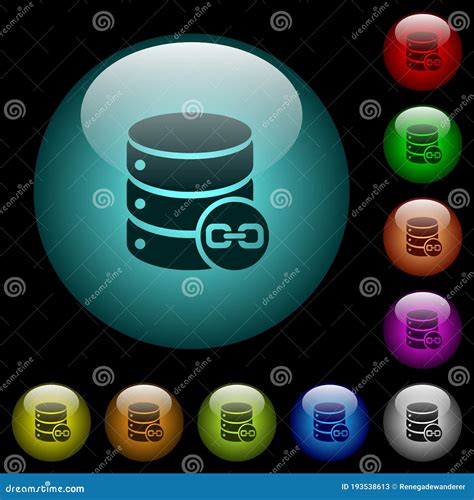 Joined Database Tables Icons In Color Illuminated Glass Buttons Stock