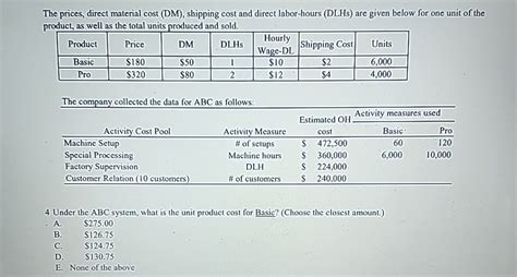 Solved The Prices Direct Material Cost Dm ﻿shipping Cost