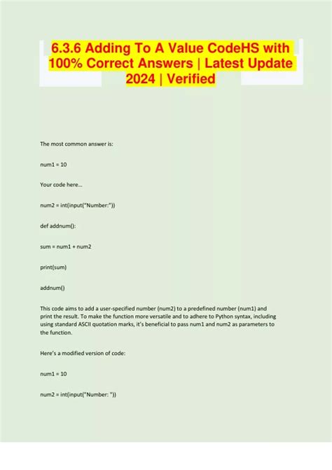 636 Adding To A Value Codehs With 100 Correct Answers Latest Update 2024 Verified 636 Adding To A Value Codehs With 100 Correct Answers Latest Update 2024 Verified