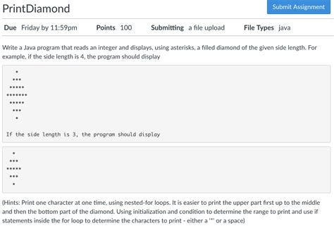 solved submit assignment printdiamond due friday by 11 59pm