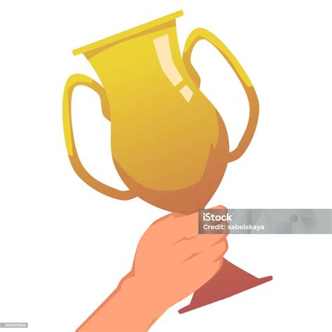 손에 황금 컵 경쟁에서 승리하기 위한 트로피 흰색 배경에 격리된 평면 벡터 삽화 1위에 대한 스톡 벡터 아트 및 기타 이미지