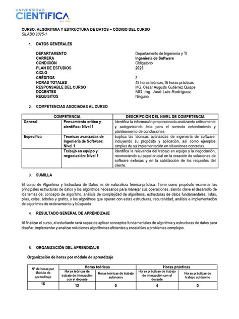 Algoritmia Y Estructura De Datos 2025 1 Pdf Ingeniería De Software Algoritmos