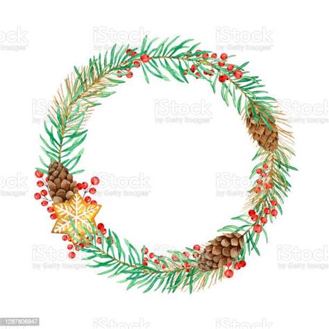 전나무 원 흰색 배경에 고립 된 금 요소와 딸기로 만든 수채화 크리스마스 프레임 크리스마스 디자인 인사말 카드 초대장 손 도면