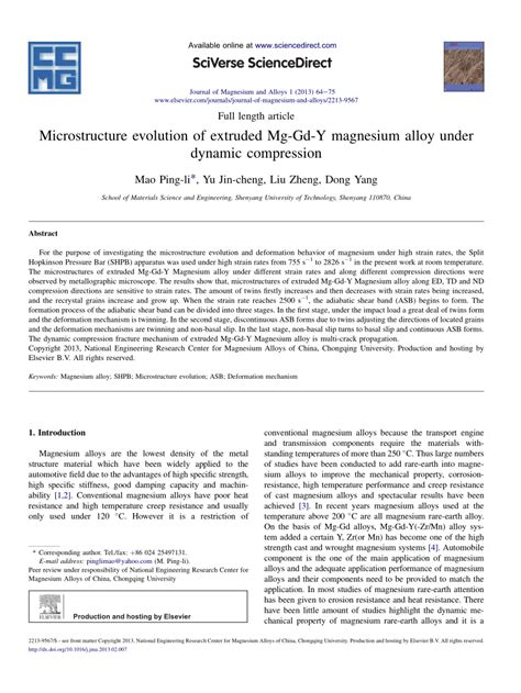 Pdf Microstructure Evolution Of Extruded Mg Gd Y Magnesium Alloy Under Dynamic Compression