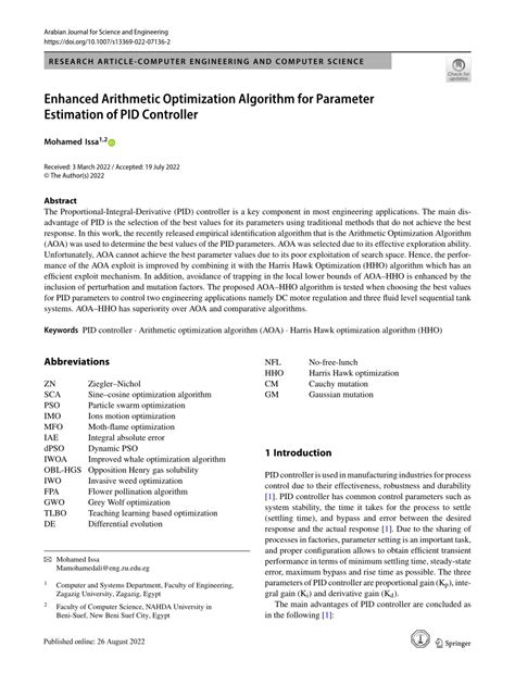 Pdf Enhanced Arithmetic Optimization Algorithm For Parameter Estimation Of Pid Controller