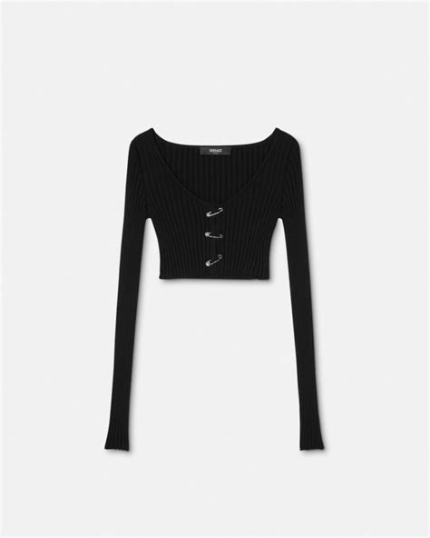 Safety Pin Scoop Crop Ribbed Knit Cardigan Versace Official United States