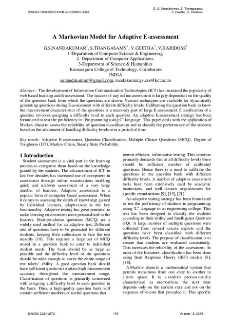 Pdf A Markovian Model For Adaptive E Assessment