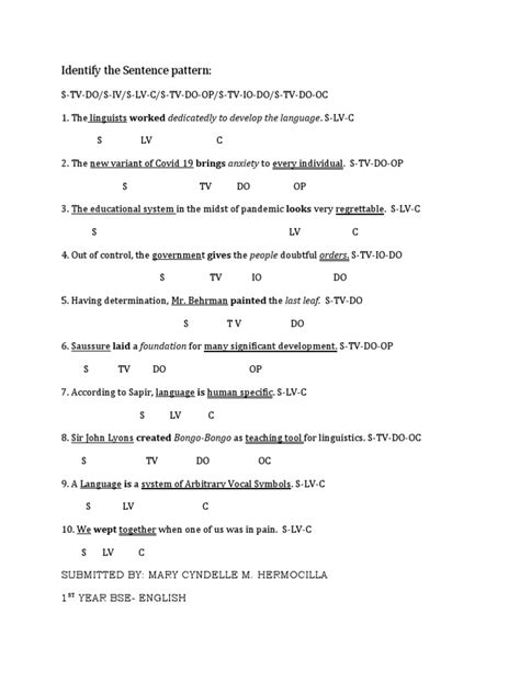 Identify The Sentence Pattern S Tv Io Do Pdf Worksheets Library