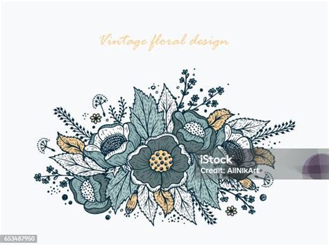 초대 카드 꽃 화 환 템플릿입니다 빈티지 꽃 배경 디자인입니다 손으로 그린 꽃다발 잎 어린 가지 씨앗 잔디 벡터 일러스트입니다 0명에 대한 스톡 벡터 아트 및 기타 이미지