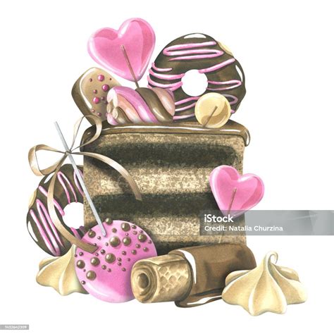 초콜릿 케이크 도넛 와플 맛있는 핑크 아이싱과 하트 모양의 롤리팝 수채화 그림 과자의 큰 세트에서 구성 메뉴 카페의 디자인과 디자인을 위해 갈색에 대한 스톡 벡터 아트 및