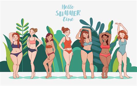 다른 높이의 젊은 여성의 그룹 그림 유형과 크기에 줄지어 서 수영복을 입고 바디 긍정적이고 아름다움 다양성 벡터 개념 가냘픈에 대한 스톡 벡터 아트 및 기타 이미지 Istock