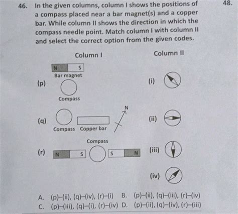 46 In The Given Columns Column I Shows The Positions Of48a Compass P