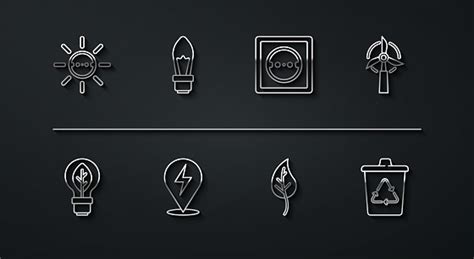 세트 라인 태양 에너지 패널 잎이 있는 전구 풍력 터빈 잎 또는 잎 번개 번개 재활용 재활용 및 전기 콘센트 아이콘 벡터 가을에 대한 스톡 벡터 아트 및 기타 이미지