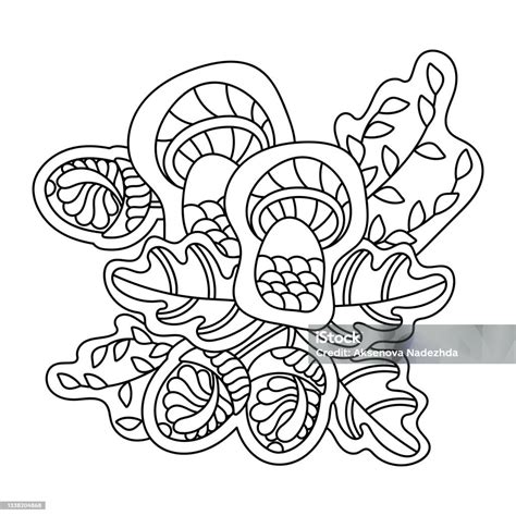 낙서 색칠 공부 책 페이지 숲 버섯 도토리 참나무 잎 성인과 어린이를위한 스트레스 방지 0명에 대한 스톡 벡터 아트 및 기타 이미지 Istock