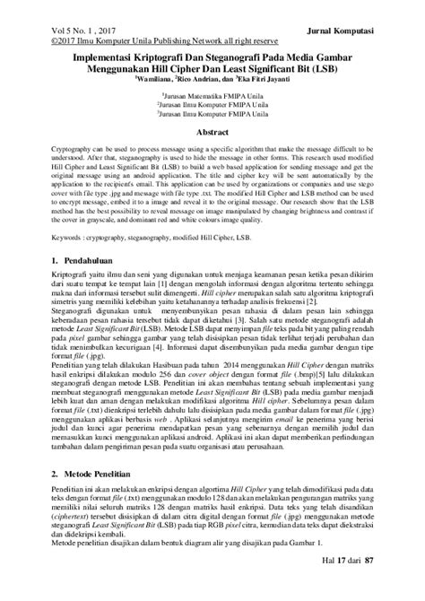 Pdf Implementasi Kriptografi Dan Steganografi Pada Media Gambar Menggunakan Hill Cipher Dan