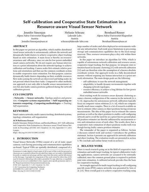 Pdf Self Calibration And Cooperative State Estimation In A Resource Aware Visual Sensor Network