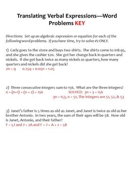 Translating Expressions With Word Problems By Virginia Specialist