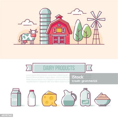 팜 배너 디자인입니다 우유 및 낙농 제품의 웹 및 그래픽 디자인에 대 한 아이콘 격리 된 벡터 일러스트 레이 션 선에 대한 스톡
