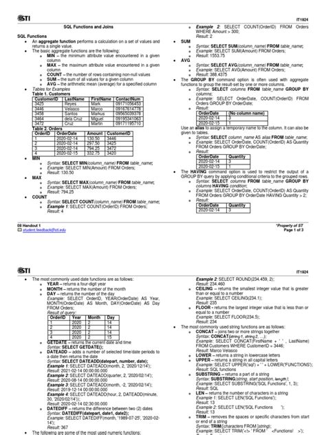 Sql Functions And Joins Overview Pdf Software Engineering Mathematics
