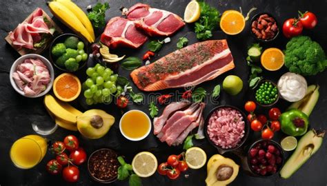 A Variety Of Foods Are Displayed On A Table Including Fruits