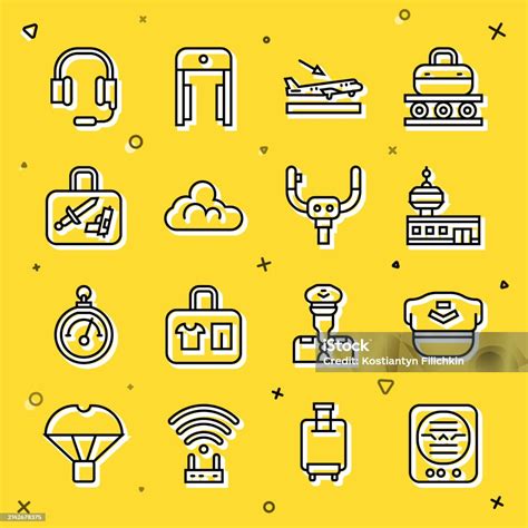 설정 라인 자세 표시기 파일럿 모자 공항 관제탑 비행기 착륙 구름 날씨 여행 가방 마이크가 있는 헤드폰 및 항공기 조타 장치 아이콘 벡터 가방에 대한 스톡 벡터 아트 및