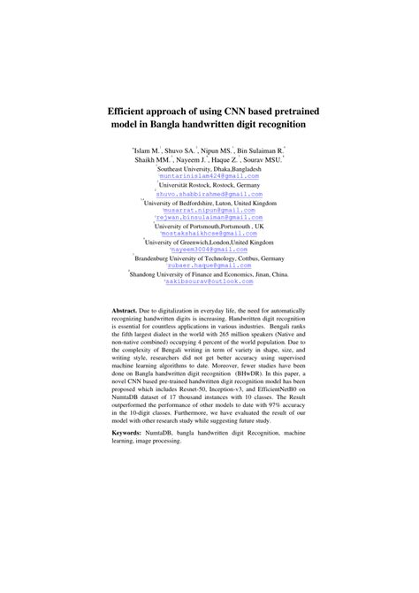 Pdf Efficient Approach Of Using Cnn Based Pretrained Model In Bangla Handwritten Digit Recognition