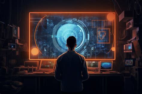 Young Engineer Scientist Standing In Front Of Futuristic Screen With Vibrant Gui Developing