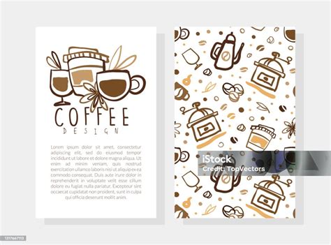 텍스트 커피숍 카페 명함 브로셔 아로마 음료 원활한 패턴 벡터 일러스트가 있는 커피 카드 디자인 템플릿 패턴에 대한 스톡 벡터