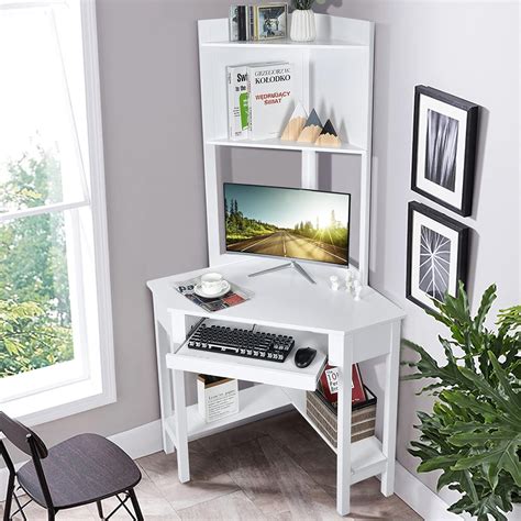 Tangkula White Corner Desk With Hutch 90 Degrees Triangle Computer