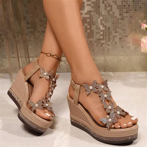Sandales à Plateforme Pour Femme Avec Motif Papillon Et Strass Style